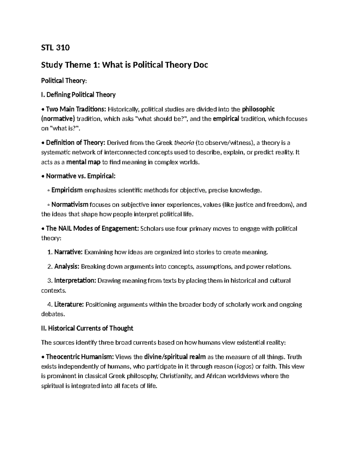 STL 310 Study Theme 1: Understanding Political Theory and Its ...