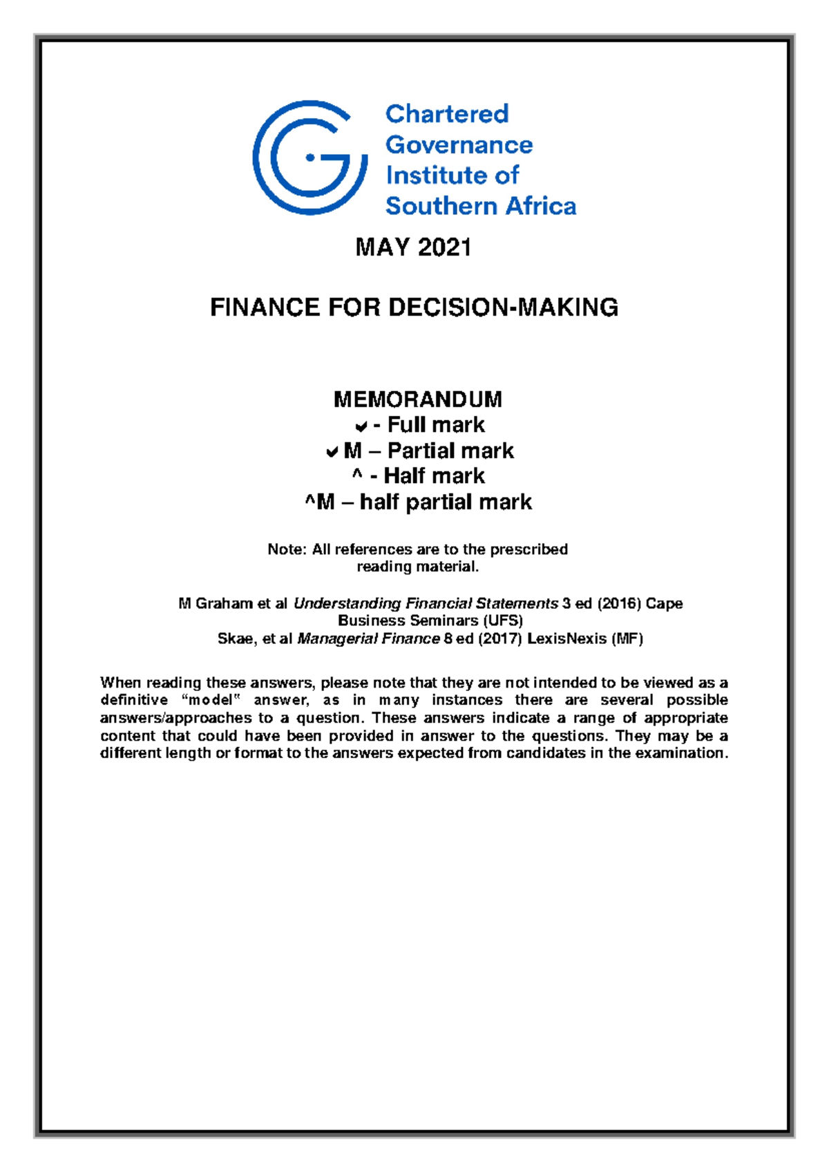 Finance for Decision-Making Memo (UFS MF) - May 2021 Summary - Studocu