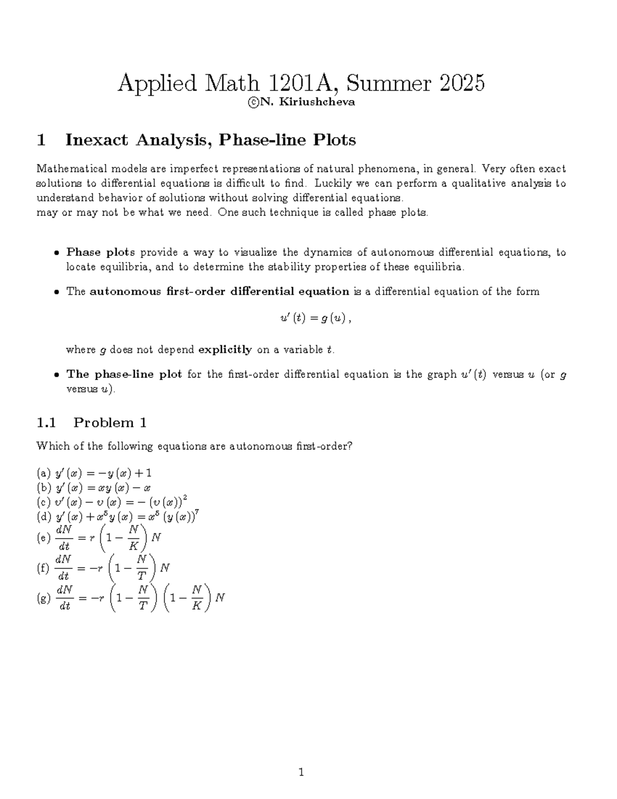 Applied Math 1201A: Phase Line Plot Analysis, Summer 2025 - Studocu