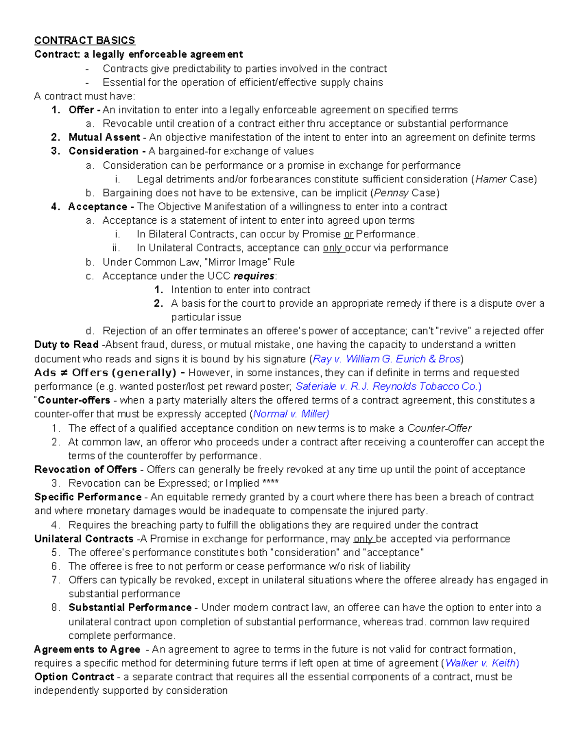 Contracts Attack Outline '21 - CONTRACT BASICS Contract: a legally ...