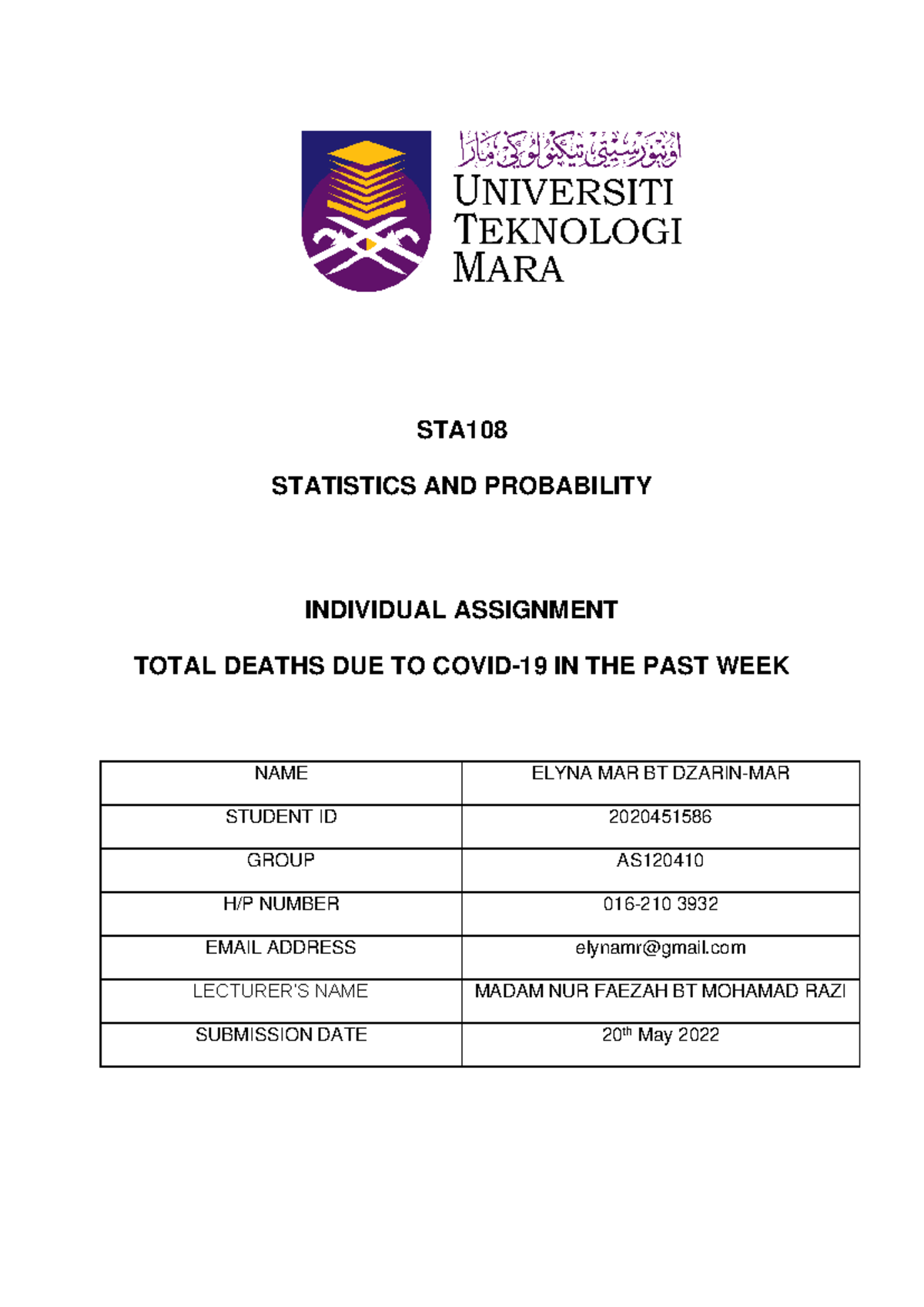 [ STA108 ] COVID-19 Deaths Analysis: Individual Assignment Insights - Studocu