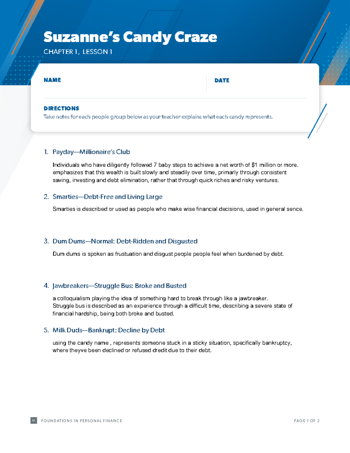 Ramsey lesson 1 - assignments to manage money - PAGE 1 O F 2 Suzanne’s ...