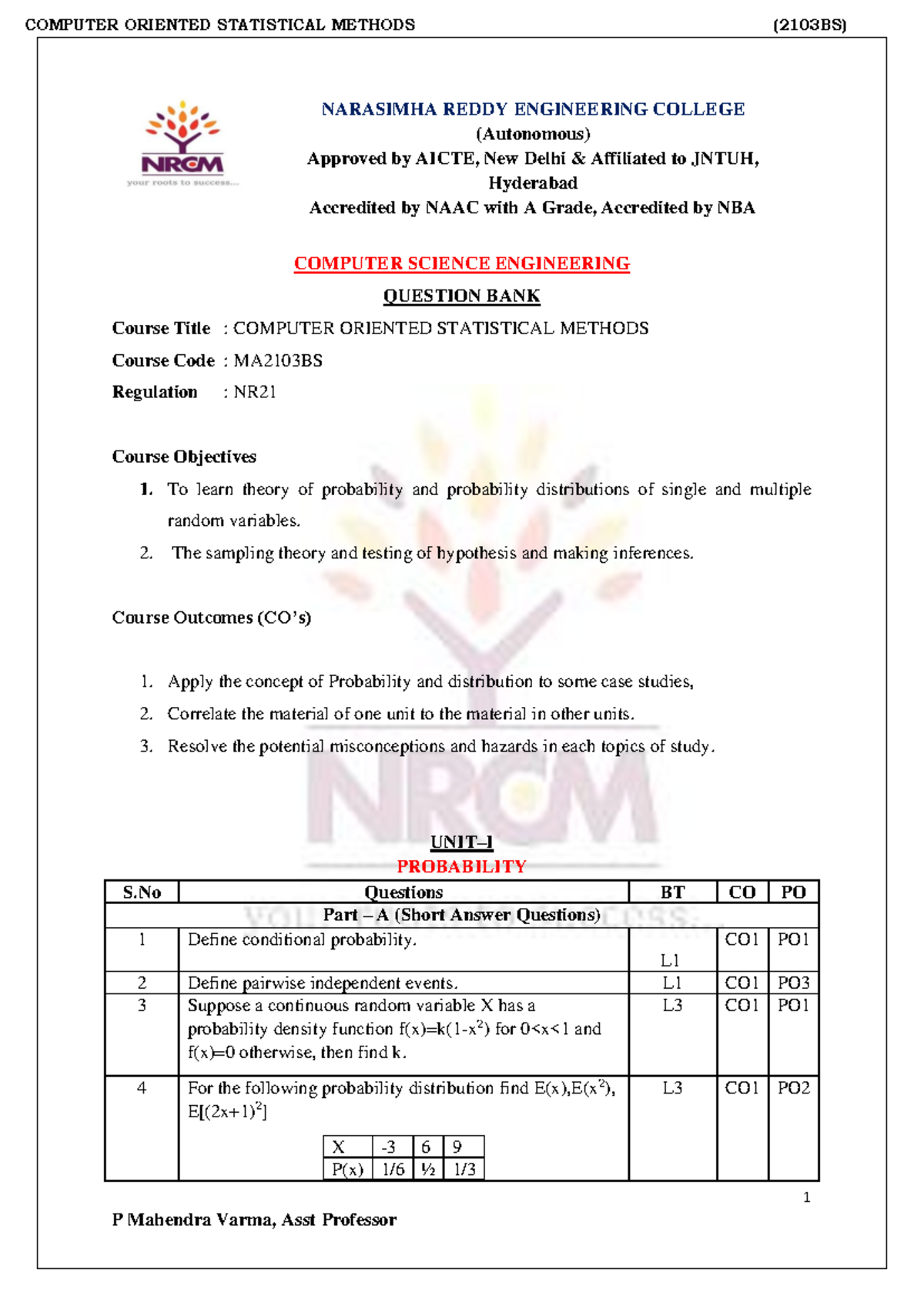 COSM MA2103BS Question Bank: Statistical Methods Insights - Studocu