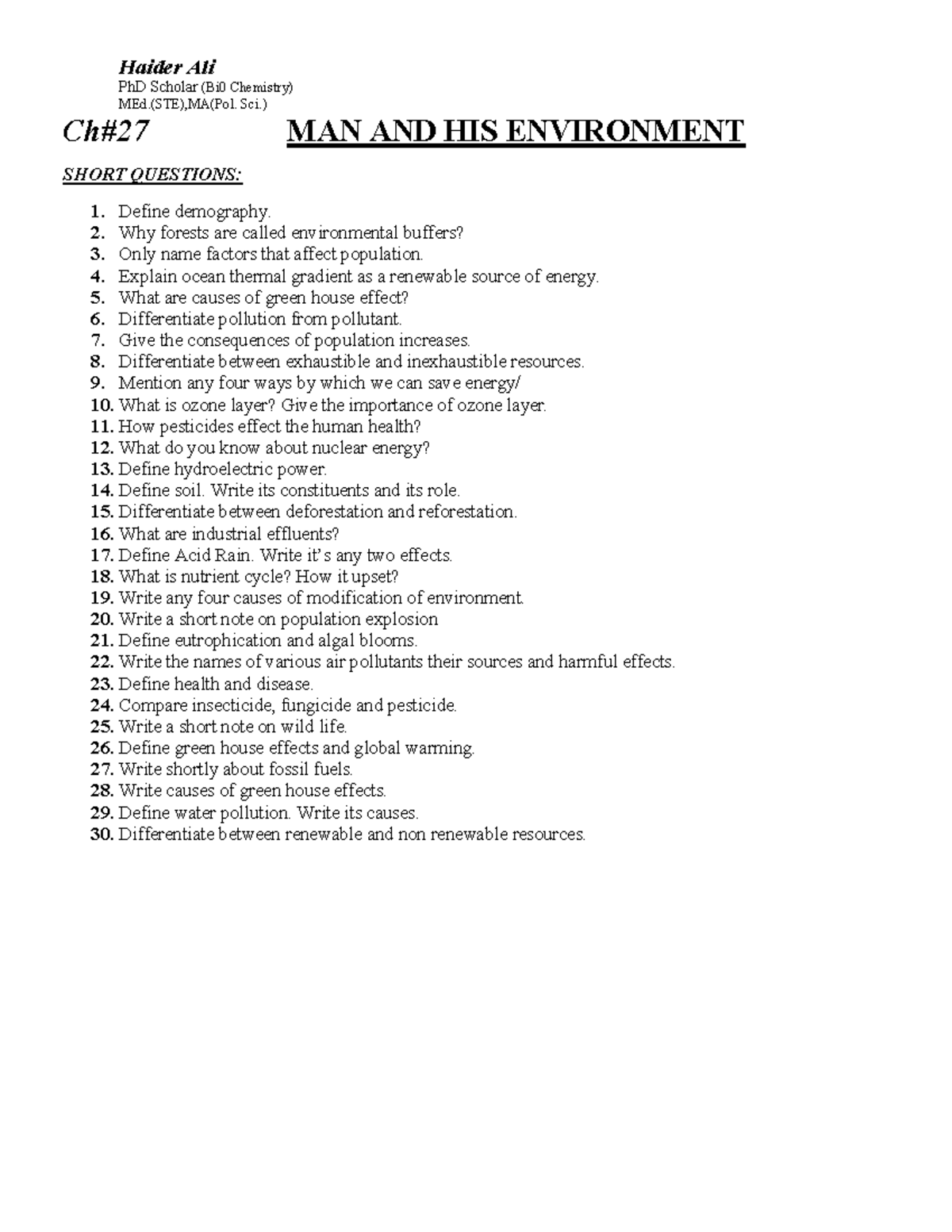 Ch 27 Short Questions: Man and His Environment (Bi0 Chemistry) - Studocu