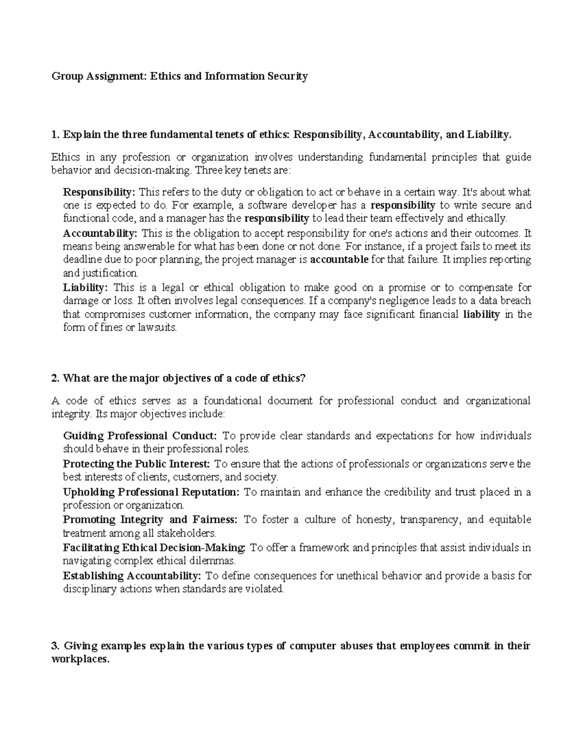 Group Assignment: Ethics and Info Security - Key Tenets Explained - Studocu