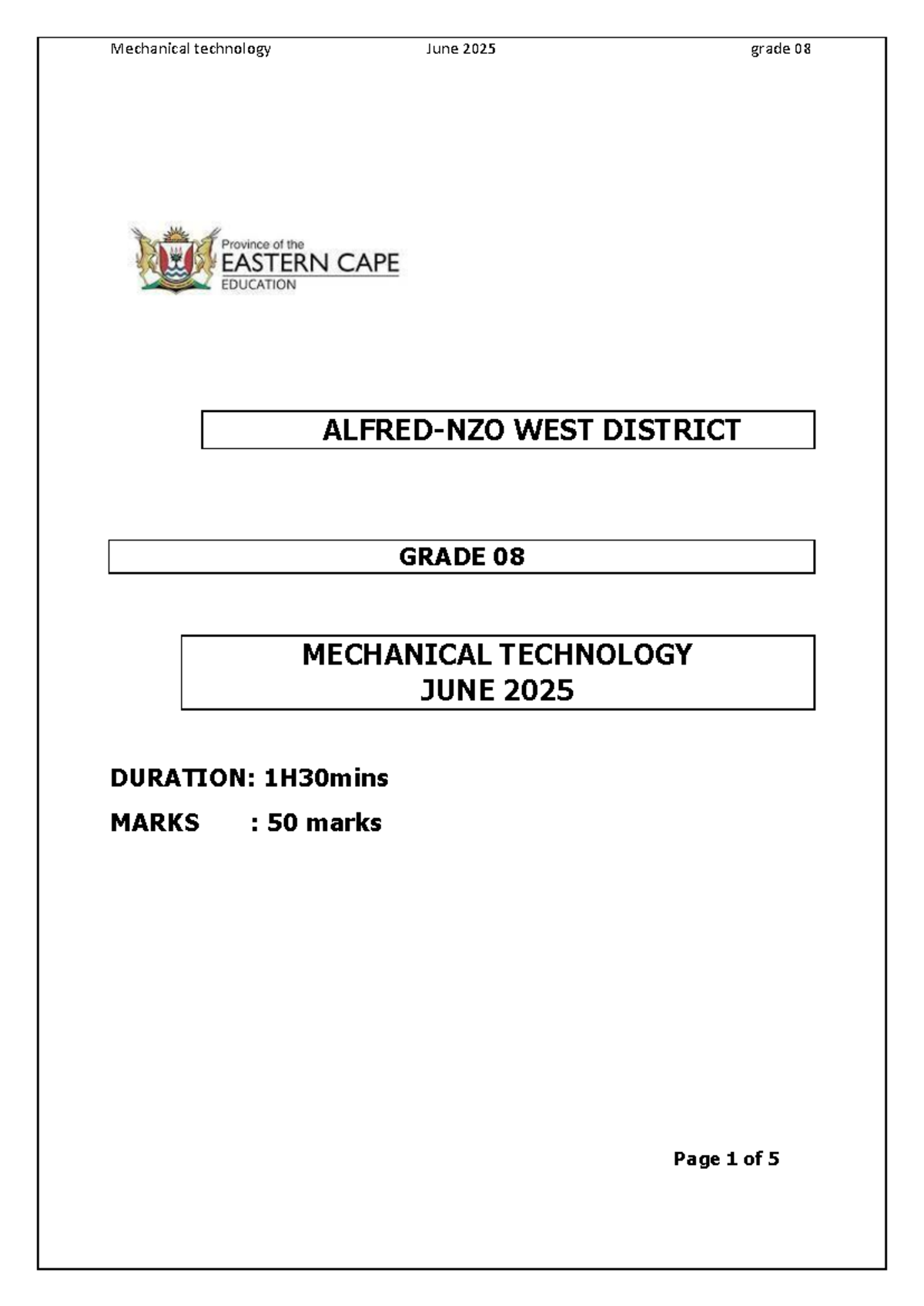 Mechanical Technology Grade 08 June 2025 Exam Paper - Studocu