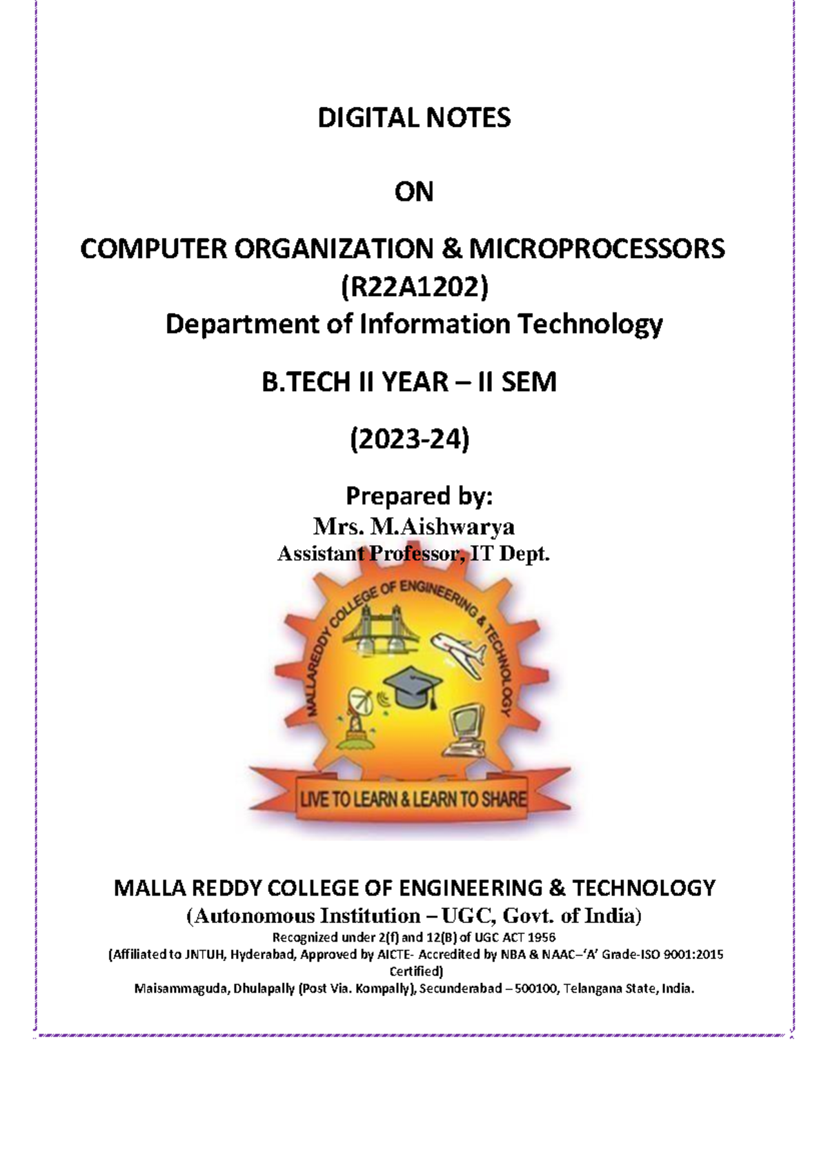 DIGITAL NOTES ON COMPUTER ORGANIZATION & MICROPROCESSORS (R22A1202 ...