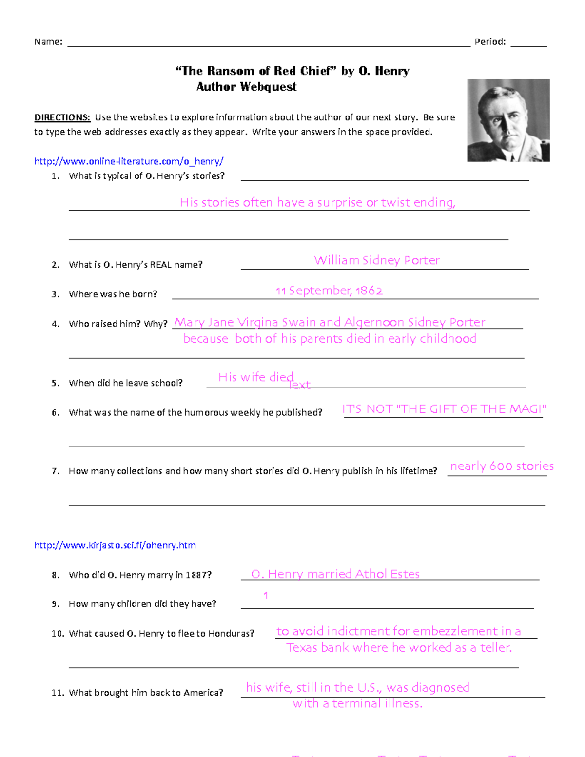 OHenry Webquest: Exploring the Life of O. Henry for Students - Studocu