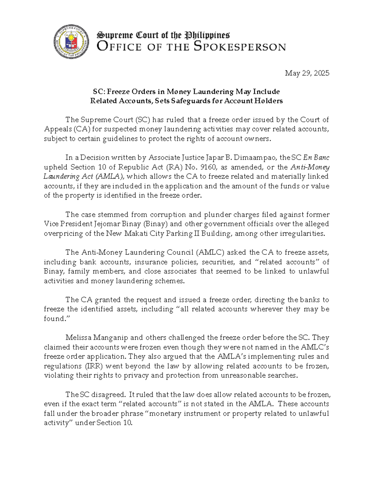 20250529 PR: SC Ruling on Freeze Orders in Money Laundering Cases - Studocu
