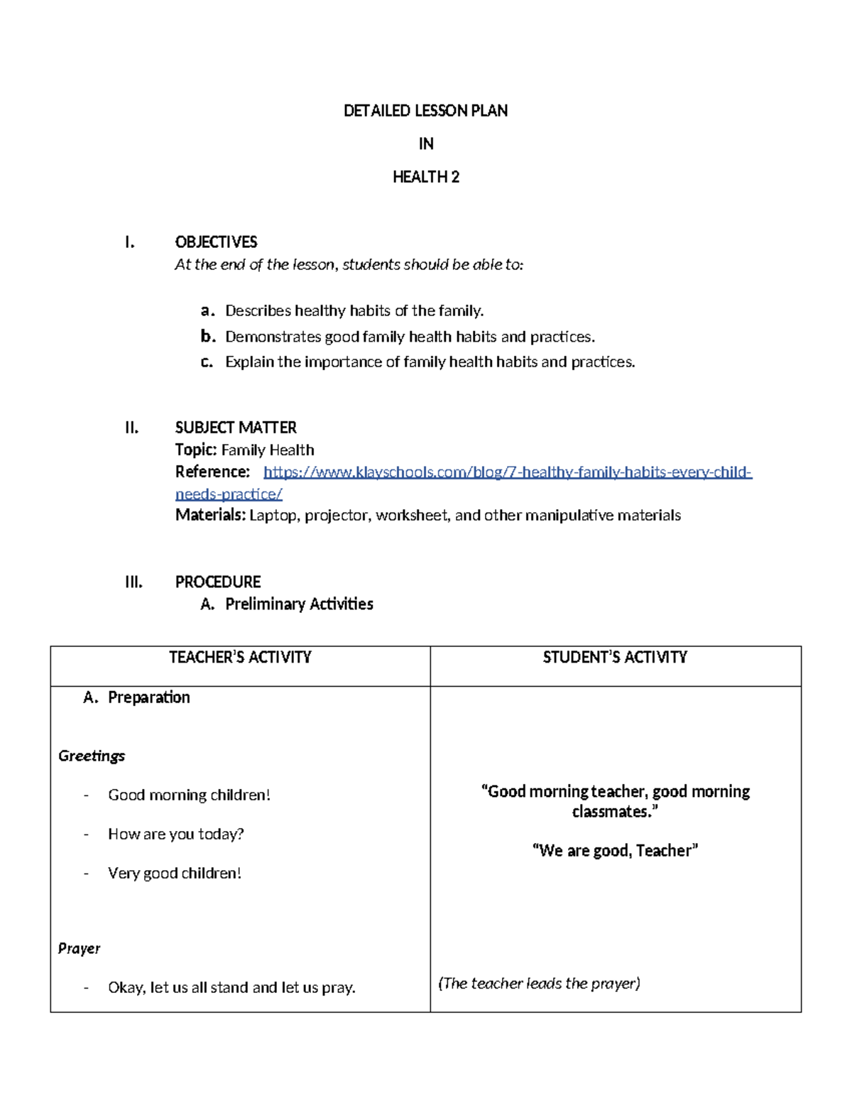 Detailed Lesson Plan: Family Health in Health 2 - Studocu
