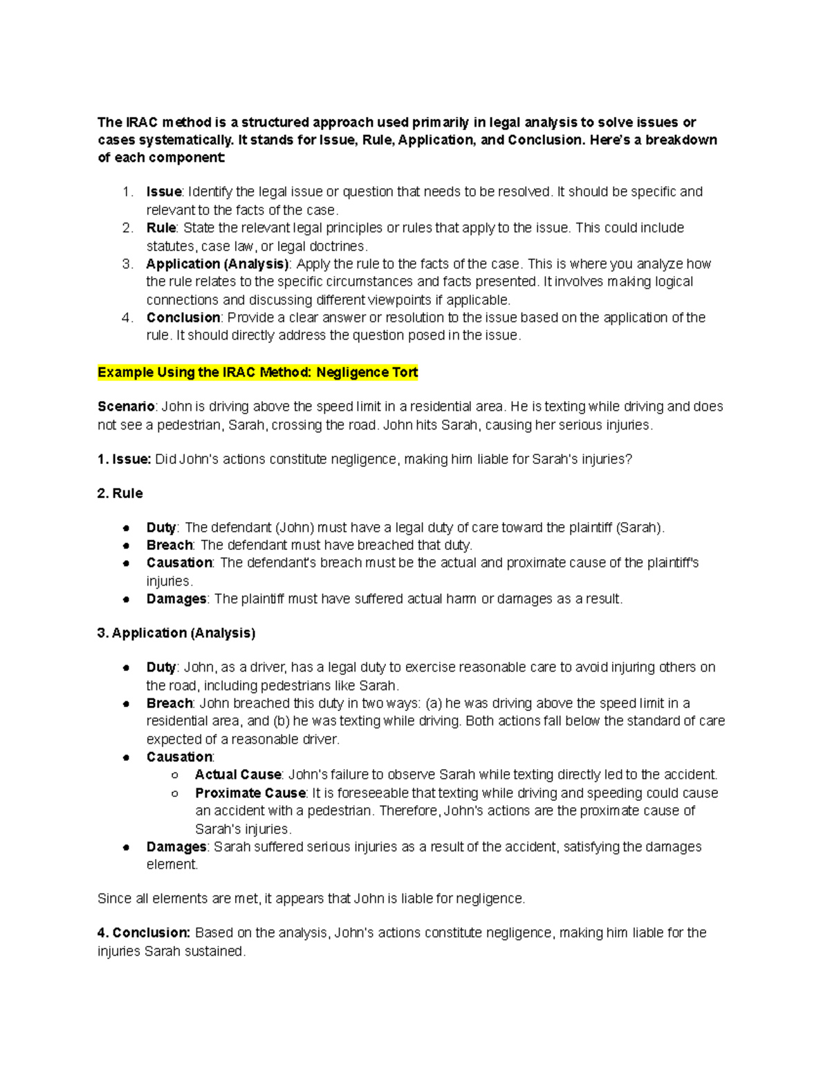 IRAC Method Analysis Example: Negligence Tort Case Study - Studocu