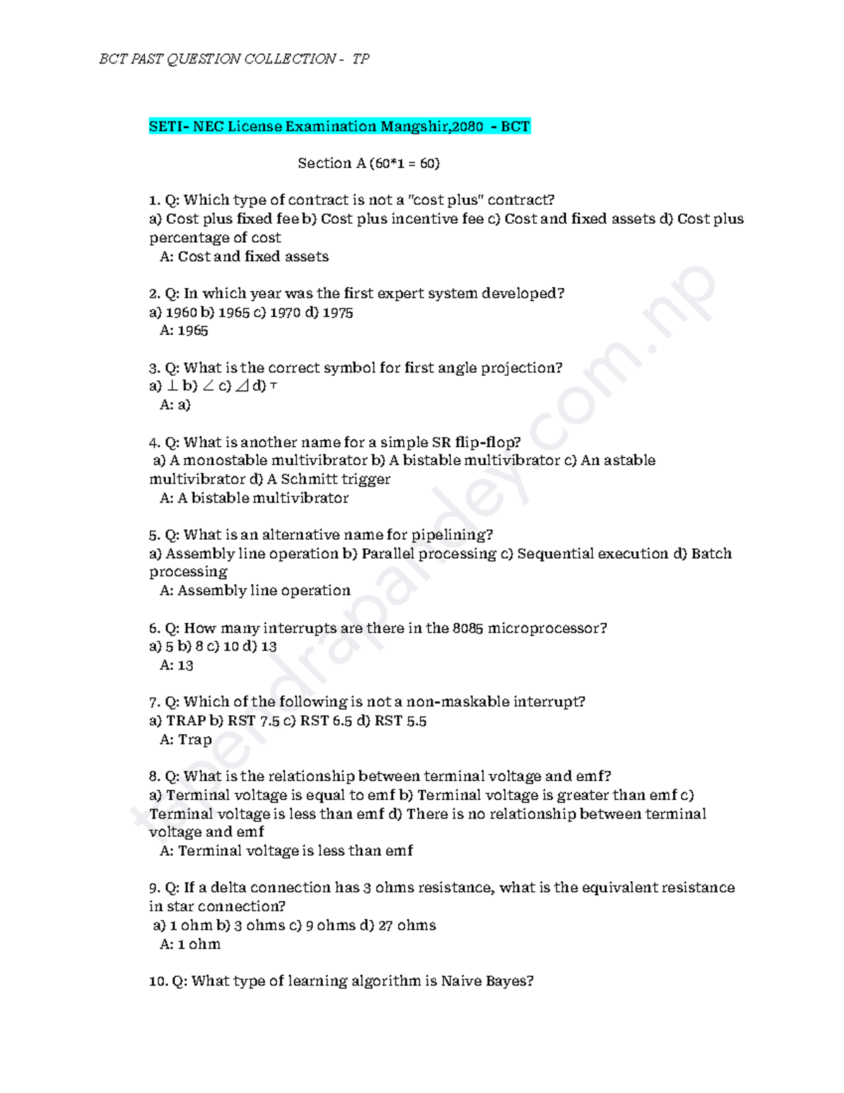 BCT PAST QUESTION COLLECTION TP for NEC License Exam, Mangshir 2080 ...