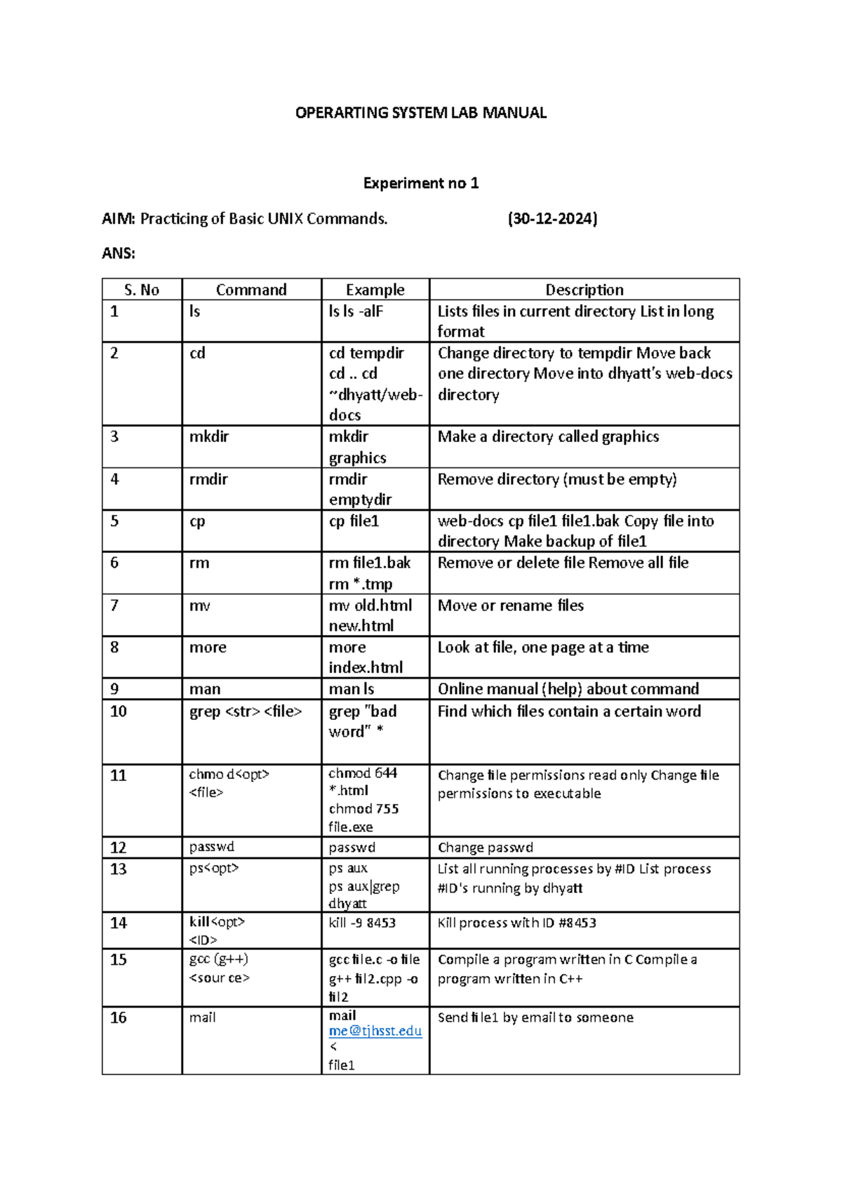 Operating System LAB Manual: Basic UNIX Commands & Experiments - Studocu