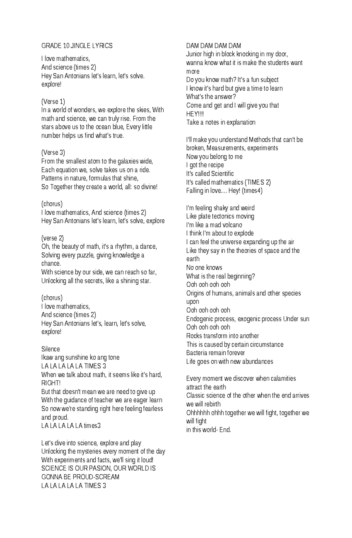 Grade 10 Science and Math Jingle Lyrics: A Creative Exploration - Studocu