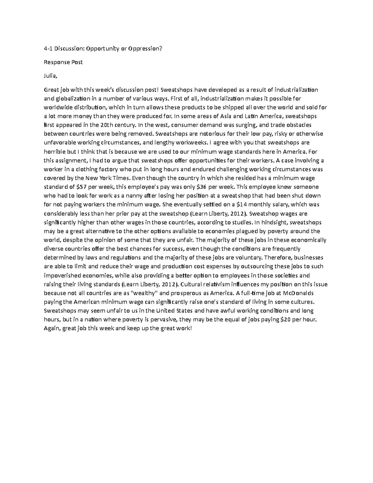 ATH 111 4-1 Discussion Response Post - 4-1 Discussion: Opportunity or ...