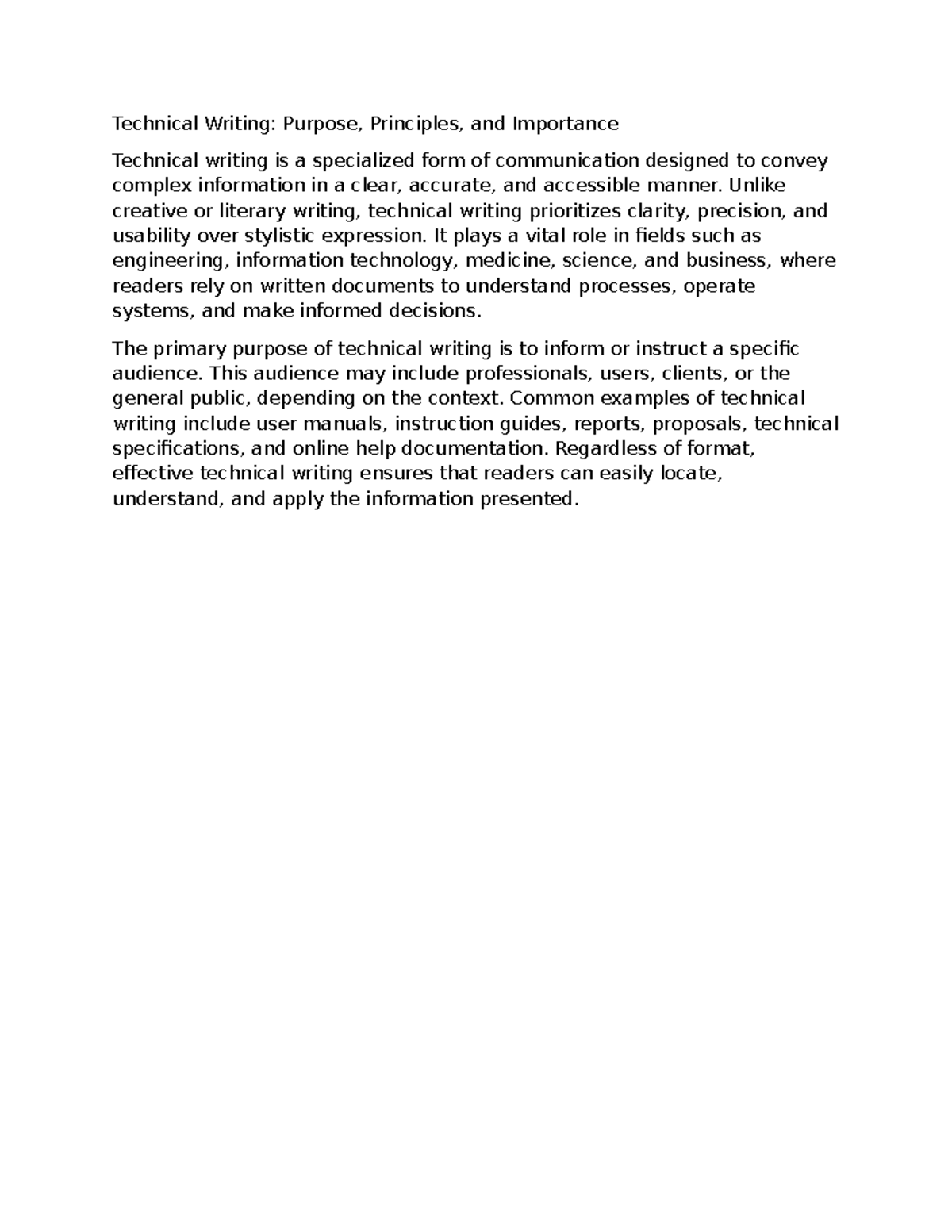 Technical Writing: Purpose, Principles, and Importance - Study 1 Essay ...