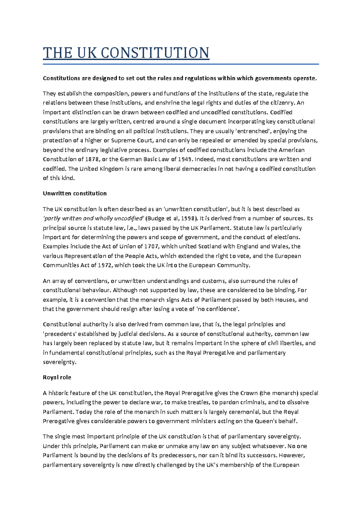 The UK constitution - Tekst - THE UK CONSTITUTION Constitutions are designed to set out the ...