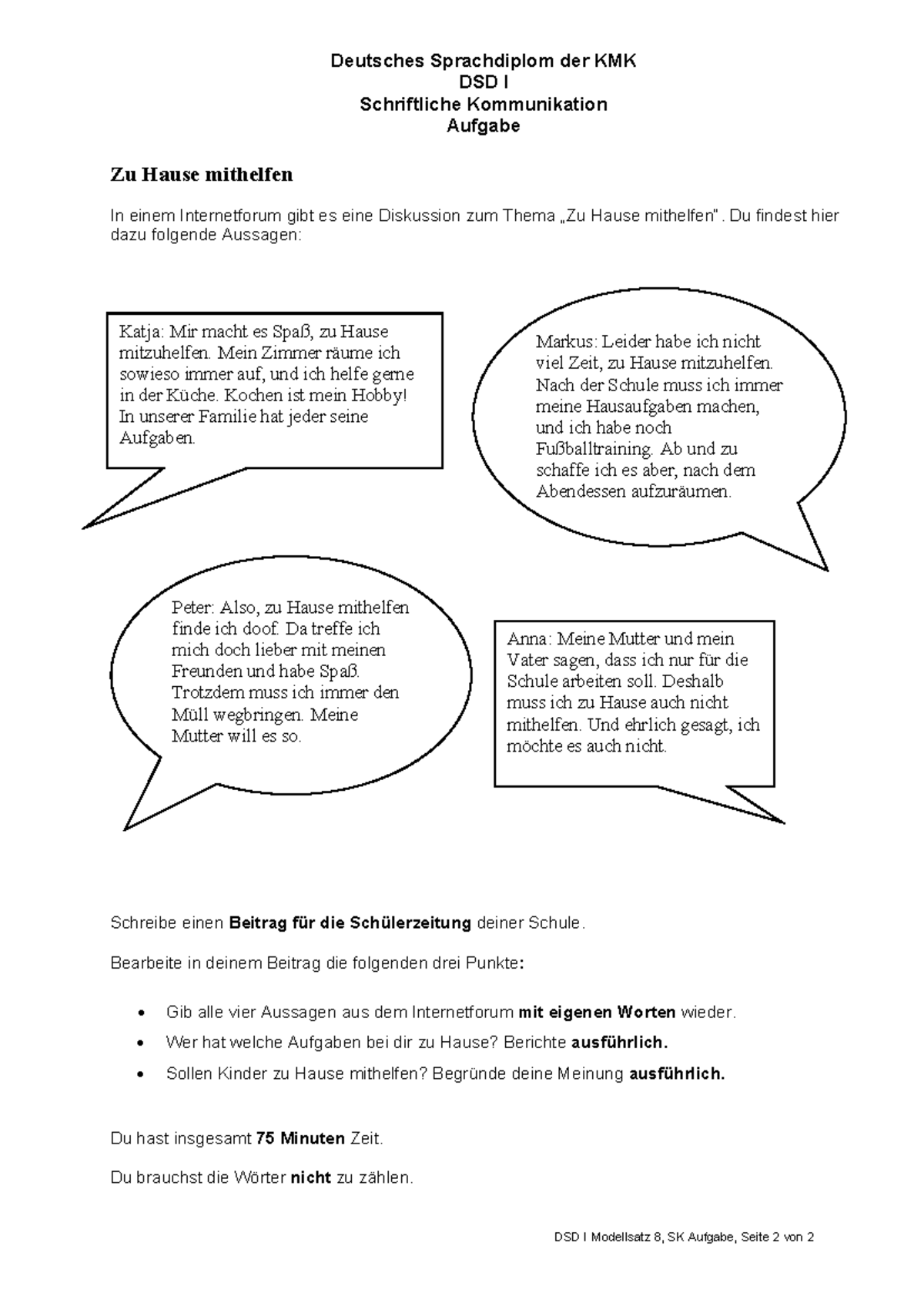 DSD I Modellsatz 8: Schriftliche Kommunikation - Zu Hause mithelfen ...