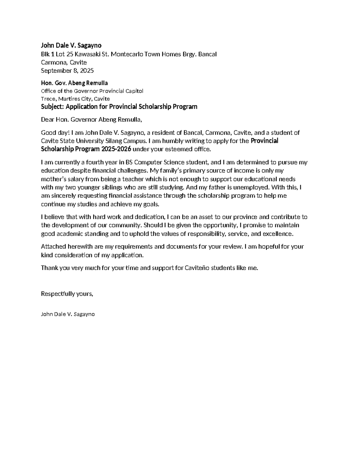 JD Application Letter for Provincial Scholarship Program - Studocu