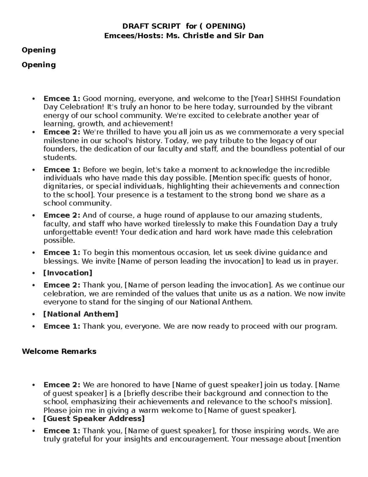 Draft Script for - DRAFT SCRIPT for ( OPENING) Emcees/Hosts: Ms ...