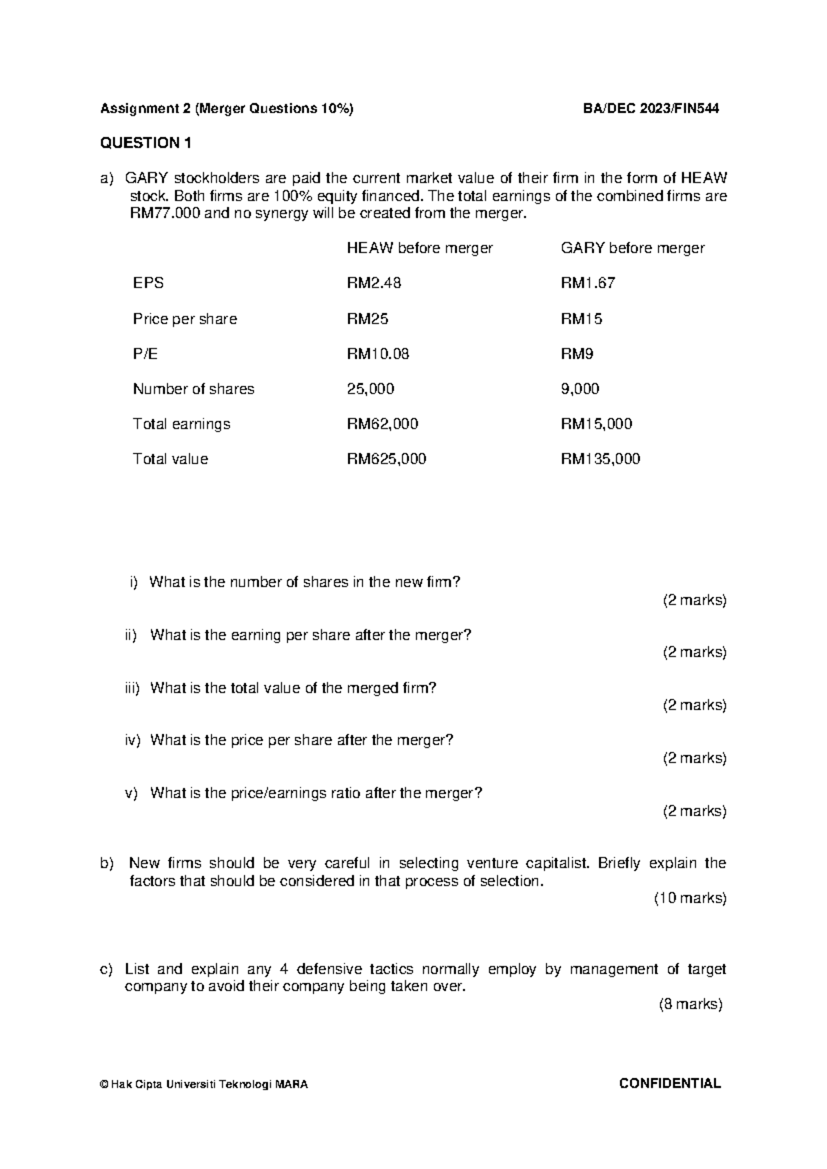 Assignment 2 on Merger Analysis Questions (10%) Due Dec 23 - Studocu