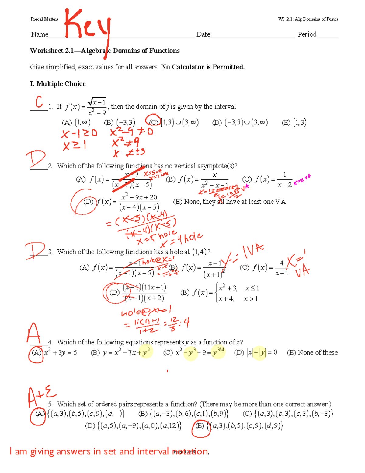 WS 02.1 Algebraic Domains of Functions Worksheet and Key - Studocu