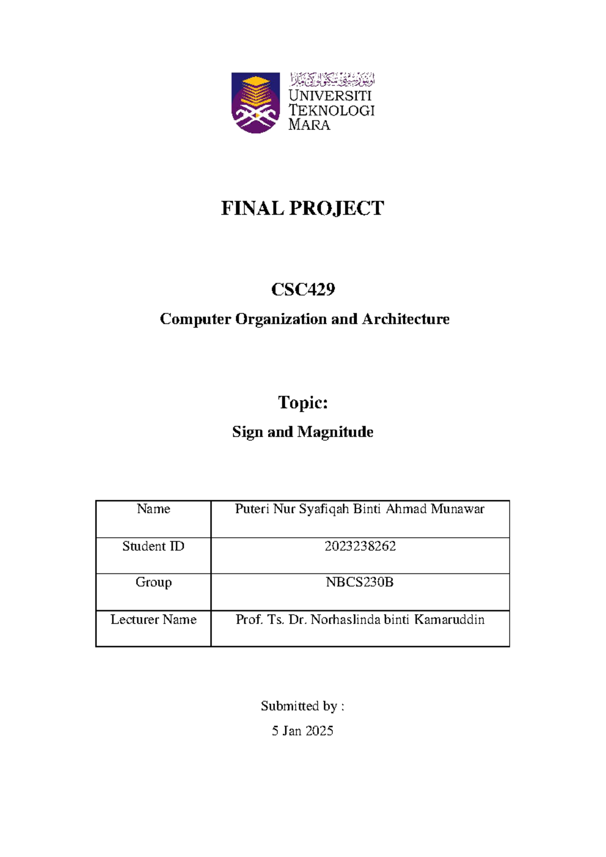FINAL PROJECT CSC429: Sign and Magnitude in Computer Architecture - Studocu