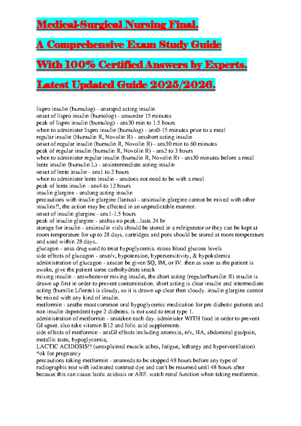 Medical-Surgical Nursing Final Exam Study Guide 2025: Comprehensive ...