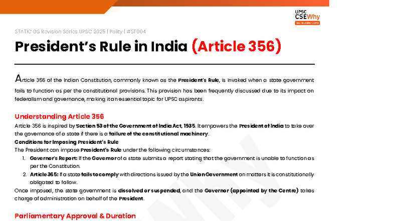 STATIC GS Revision Series UPSC 2025: Article 356 - President's Rule in ...