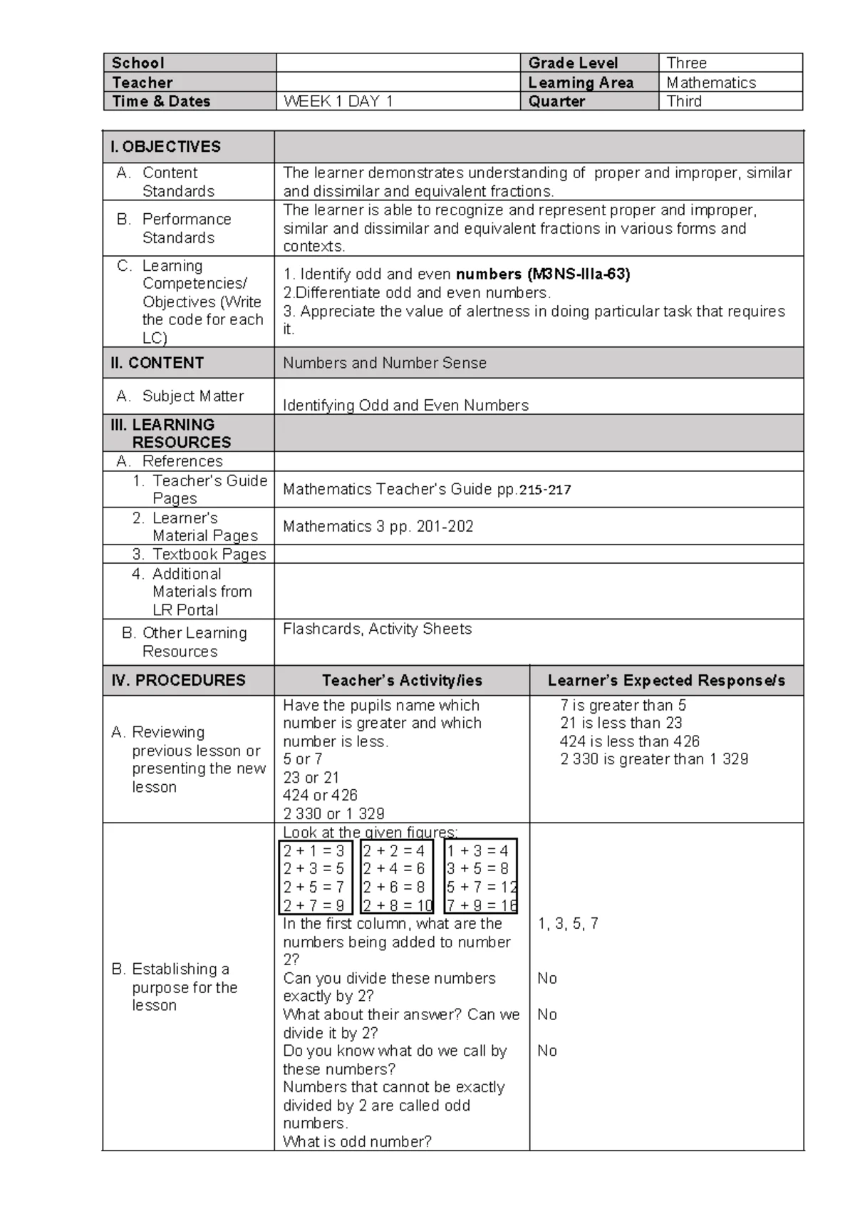 Day 3 Detailed Math Lesson Plan for G3: Fractions & Representation ...