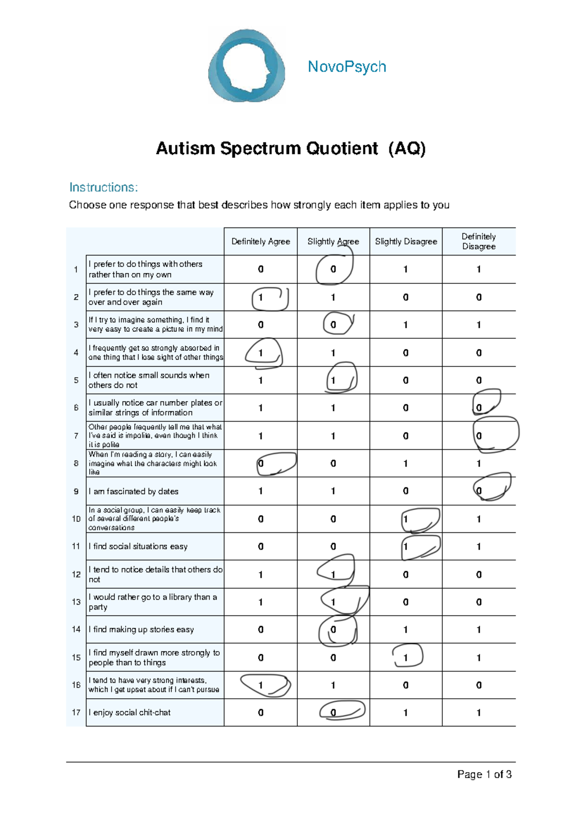 NovoPsych Autism Spectrum Quotient (AQ) Assessment Instructions - Studocu
