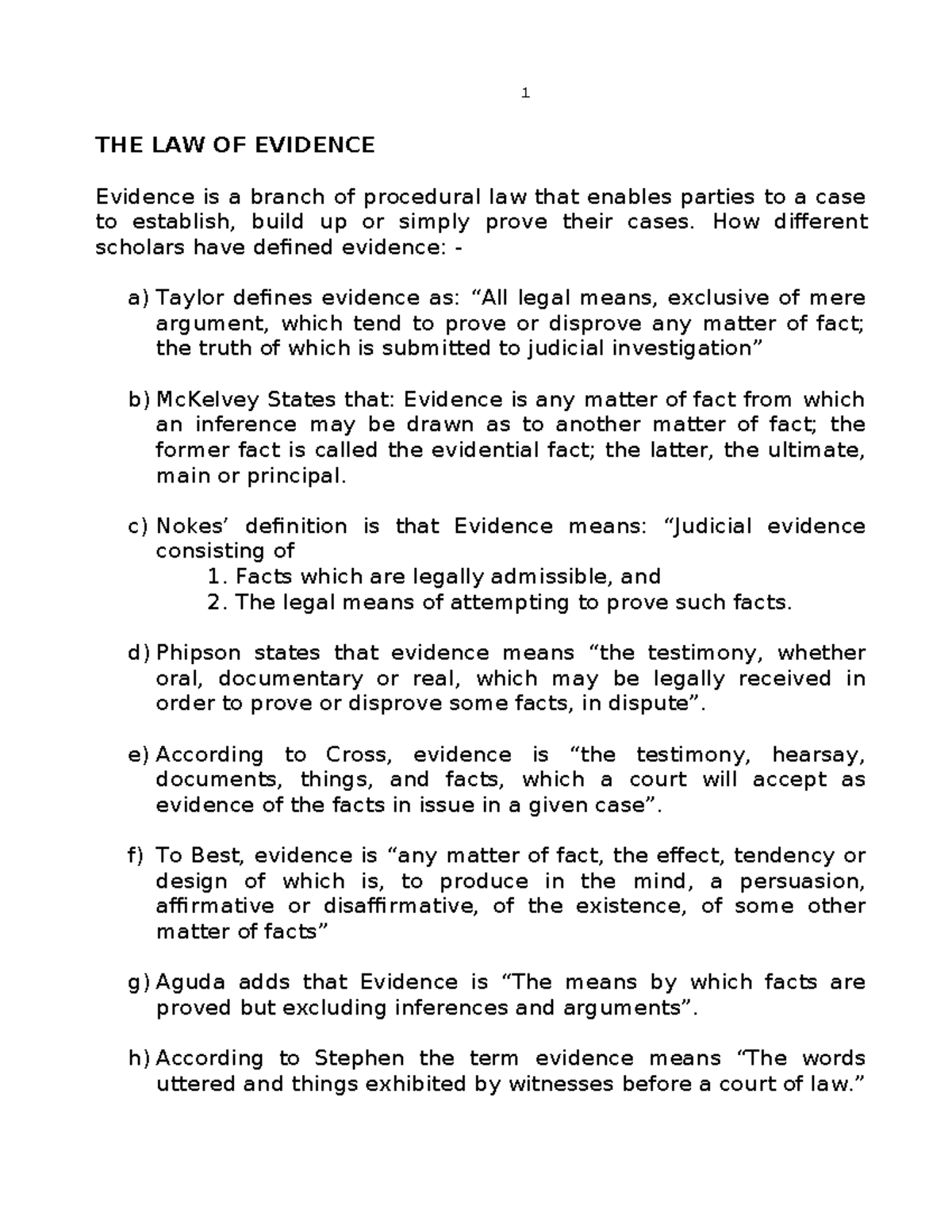 THE LAW OF EVIDENCE: Edited Notes for Course Code 1 - Studocu