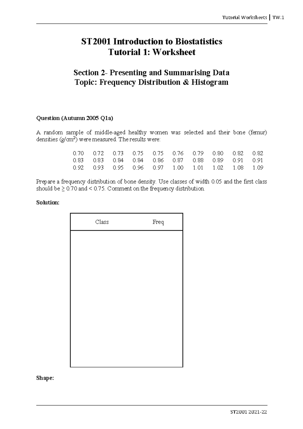 ST2001 Tutorials 2021-22 - Tutorial Worksheets TW. ST2001 Introduction to Biostatistics Tutorial ...