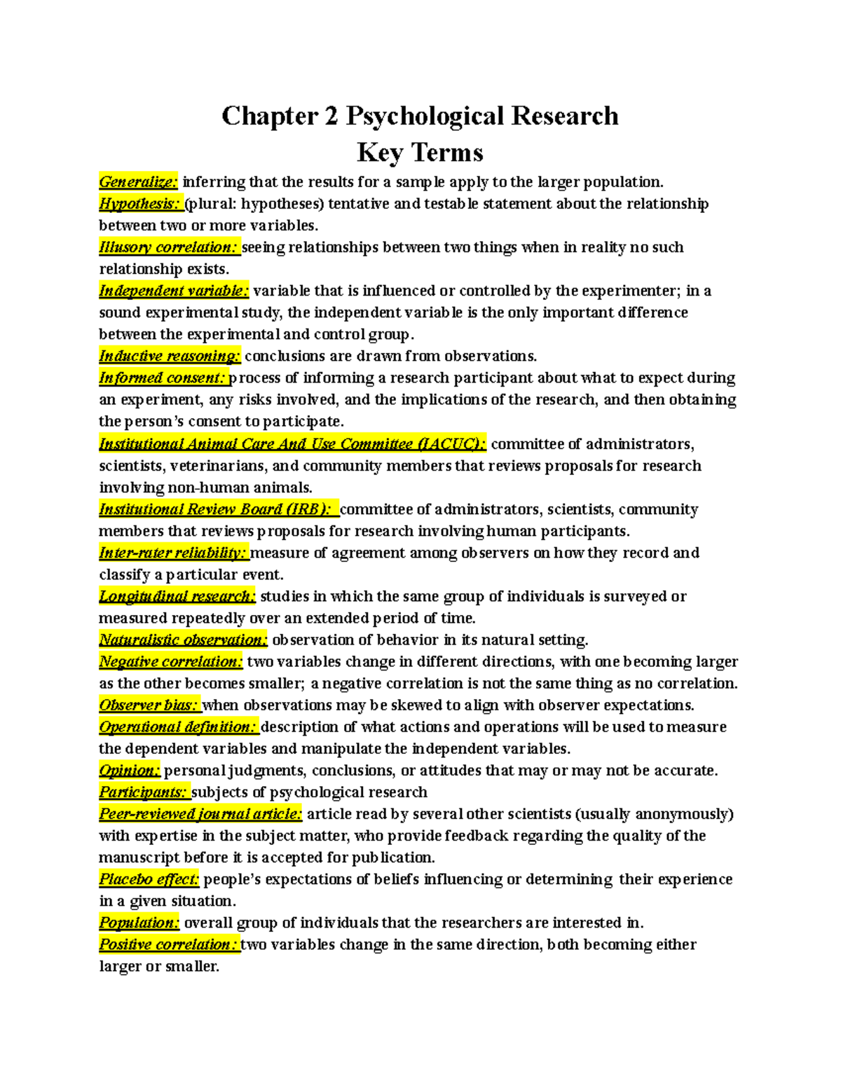 Chapter 2 Psychological Research Key Terms - Chapter 2 Psychological ...