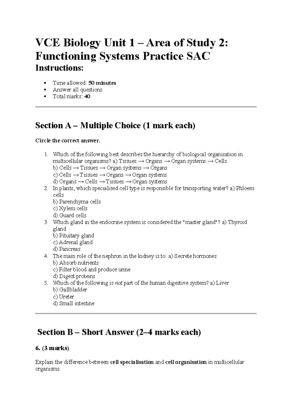 VCE Biology Unit 1 AOS2: Functioning Systems Practice SAC Guide - Studocu