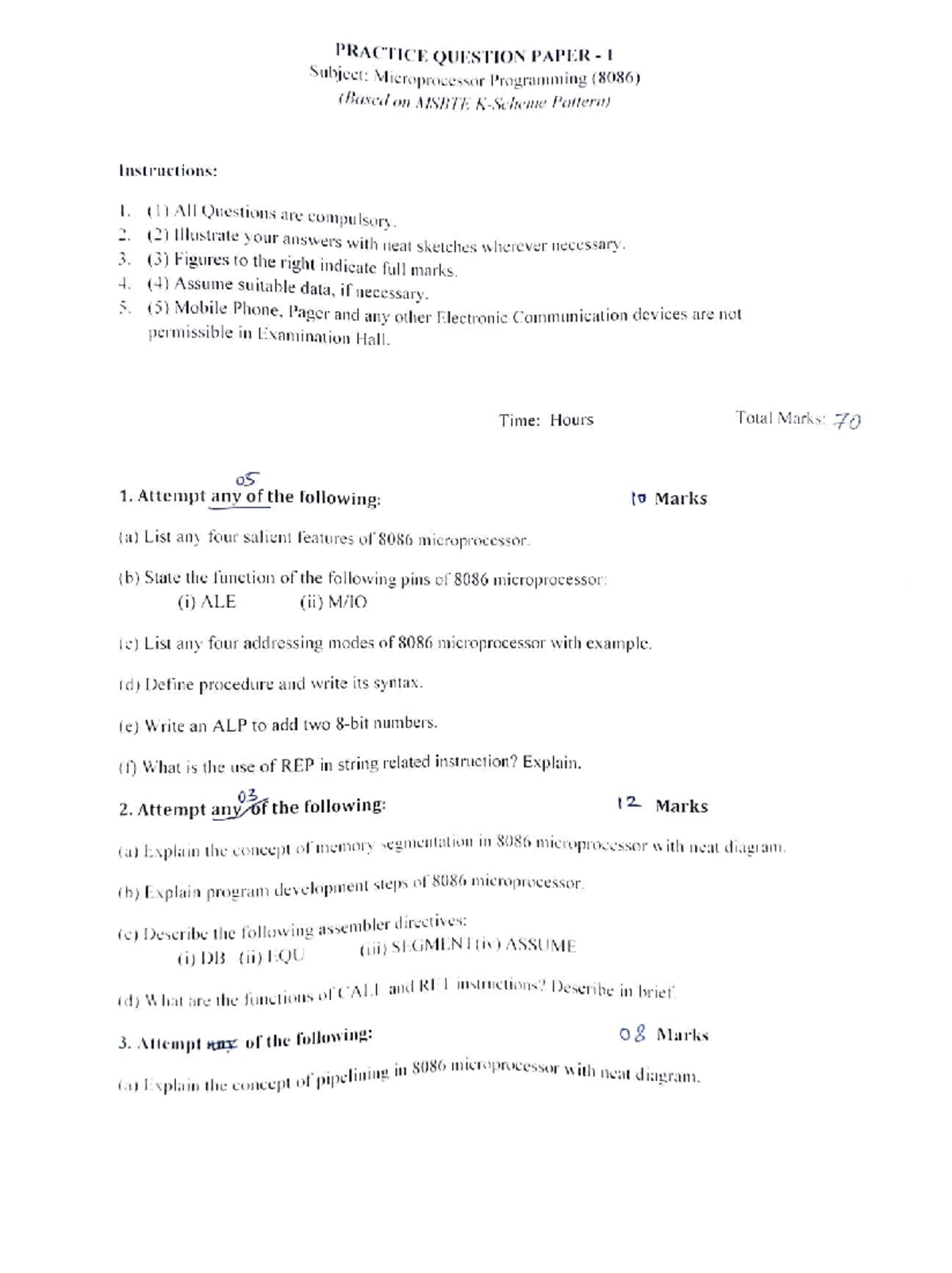 Practice Question Paper I: Microprocessor Programming (8086) - Studocu