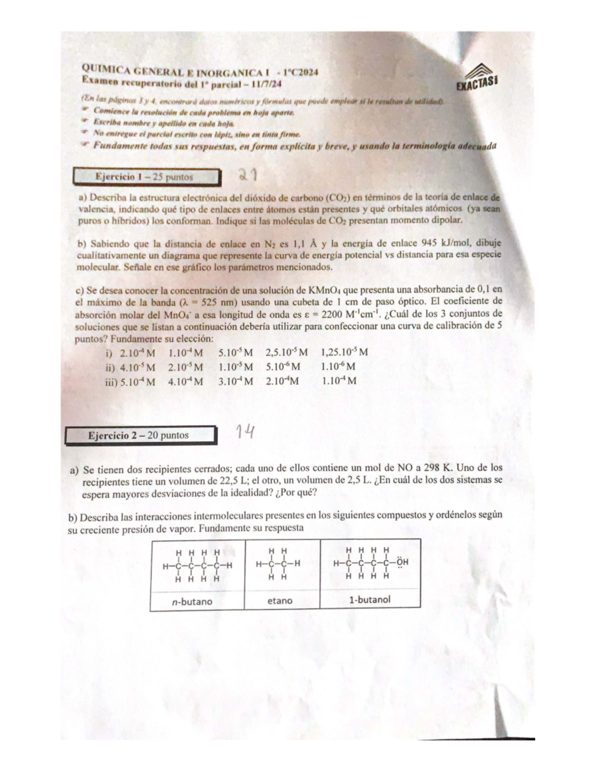 QUIMICA GENERAL E INORGANICA I Examen Recuperatorio del Parcial 2024 - Studocu