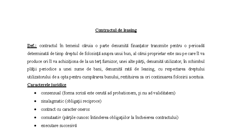 Contractul de Leasing: Definiții și Obligații (01) - Studocu