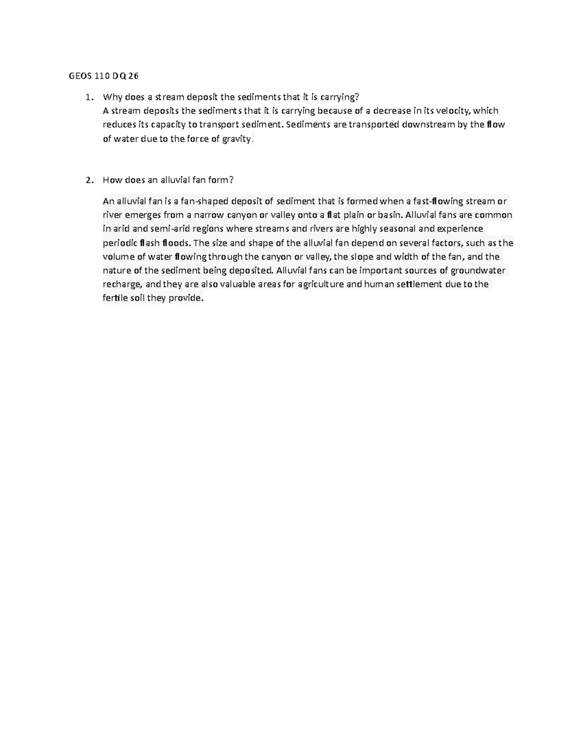 GEOS 110 DQ 26 - Stream Sediment Deposition & Alluvial Fan Formation ...