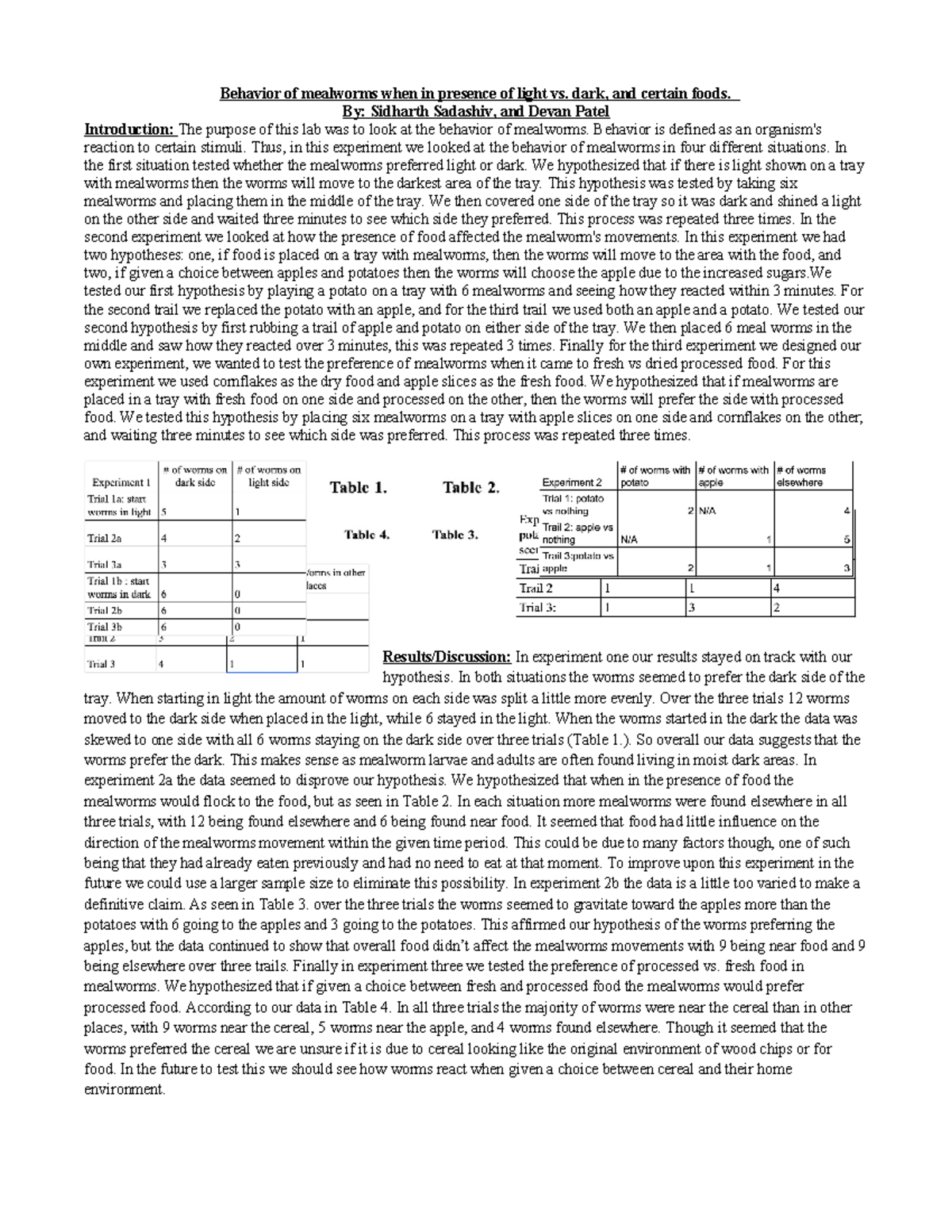 BIO 101: Lab 1 Report on Mealworm Behavior with Light & Food ...