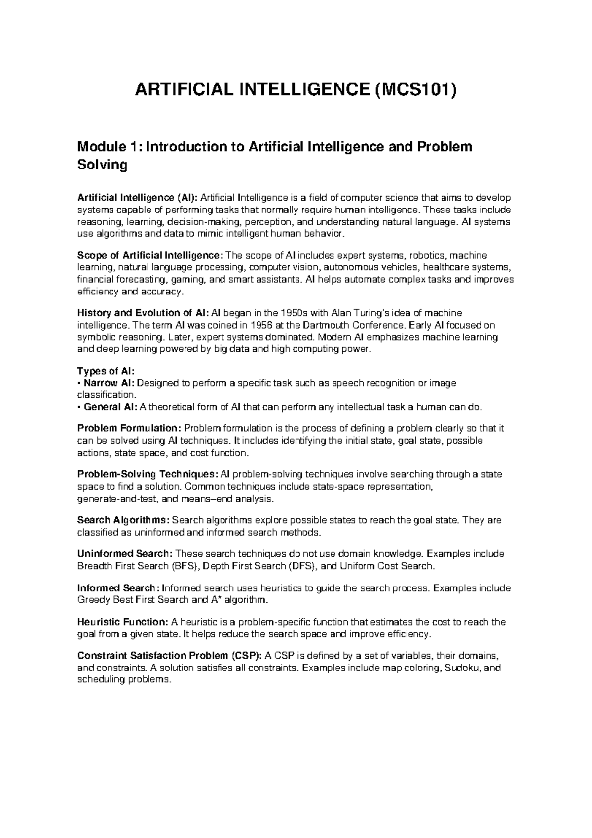 Module 1: AI Overview and Problem Solving (MCS101 & MCS104E) - Studocu