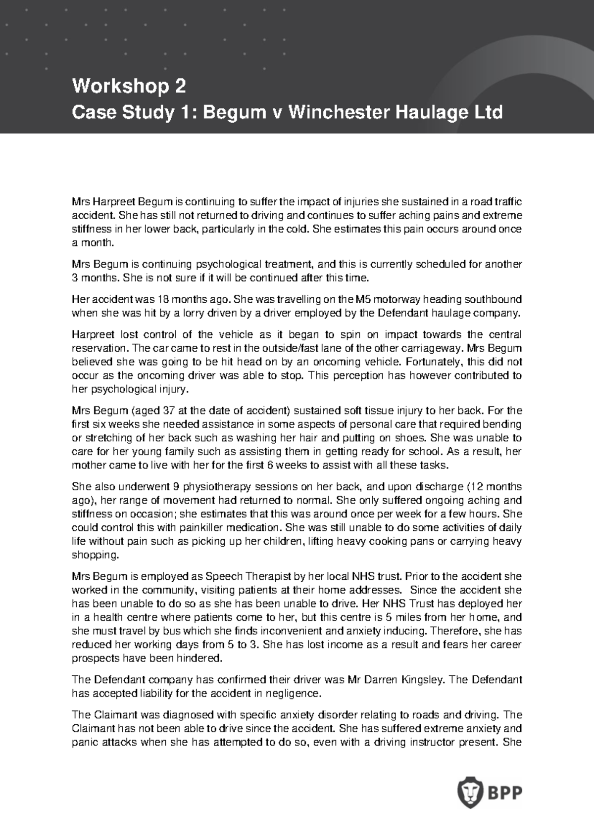 BTC1 Adv W2 Case Study 1 - Workshop 2 Case Study 1: Begum v Winchester ...