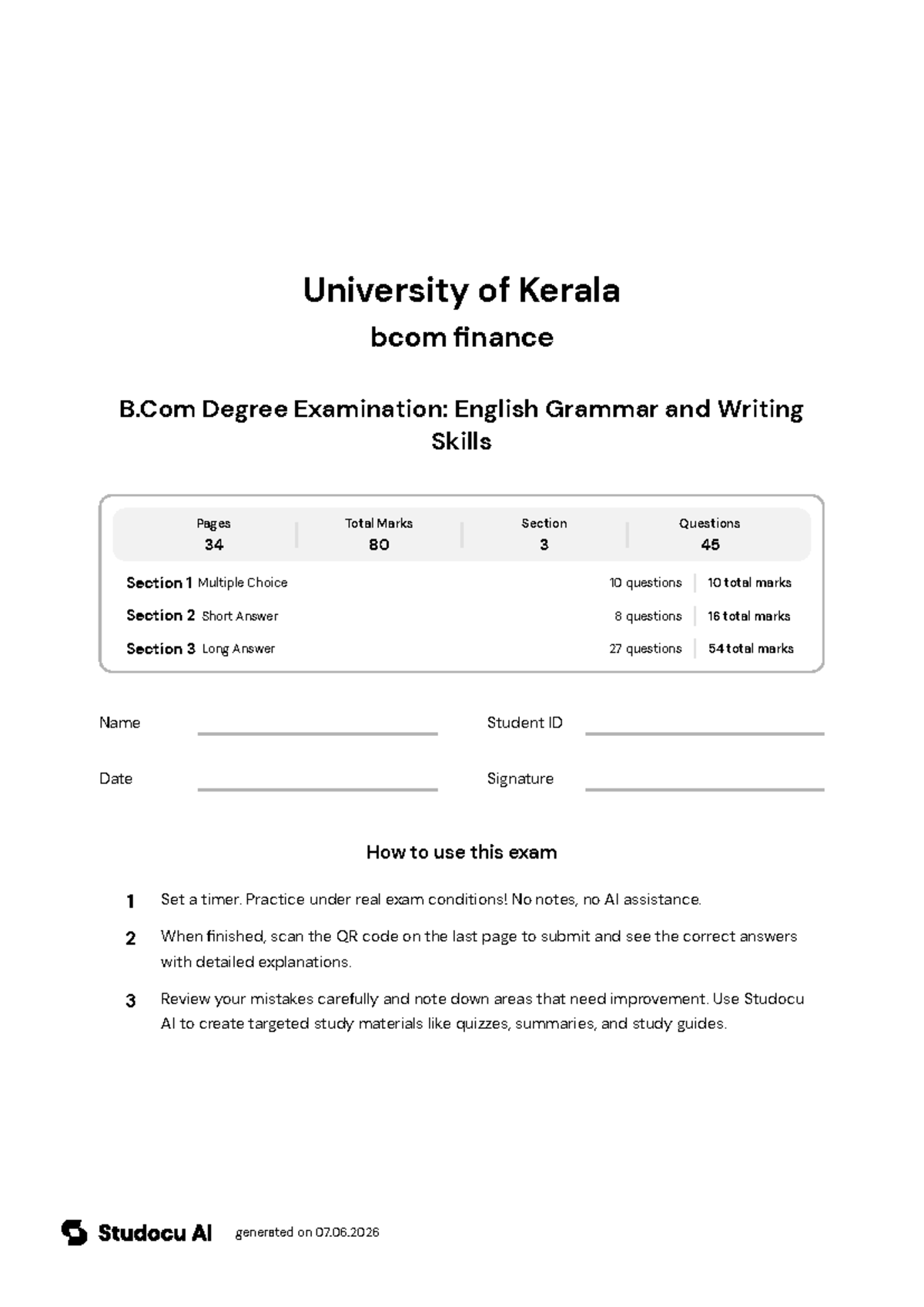 B.Com Final Exam: English Grammar and Writing Skills - Studocu