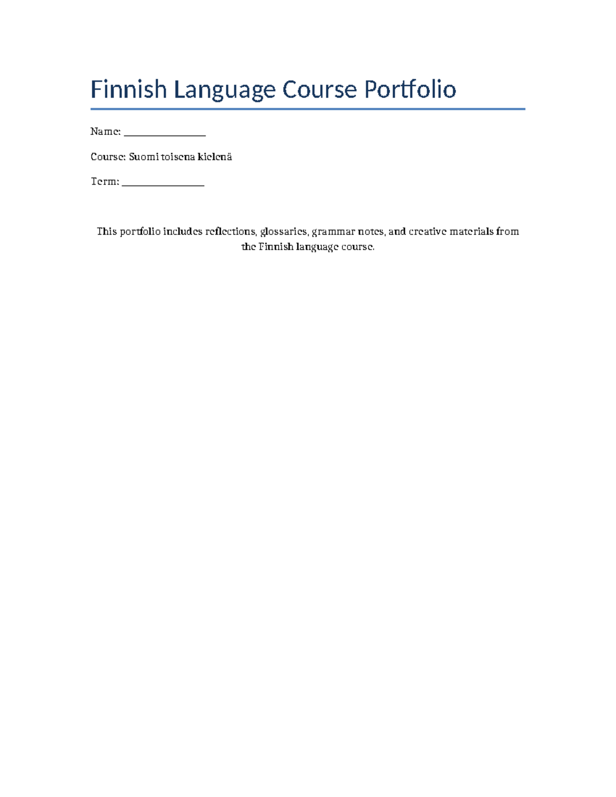 Finnish Language Course Portfolio (Suomi toisena kielenä) - Studocu