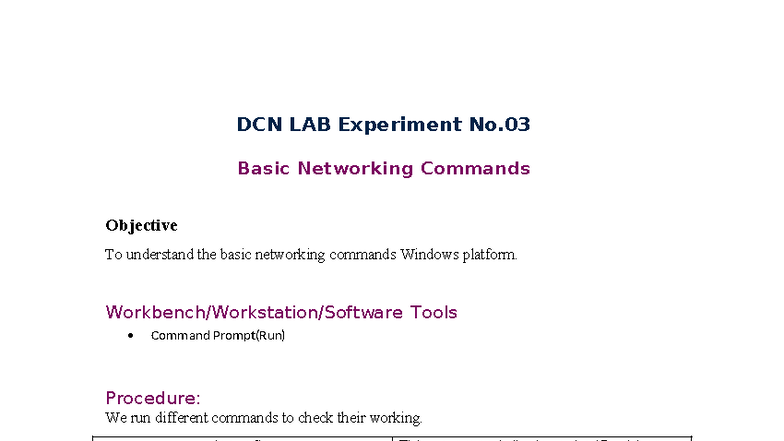 DCN LAB Experiment No.03: Basic Networking Commands Guide - Studocu