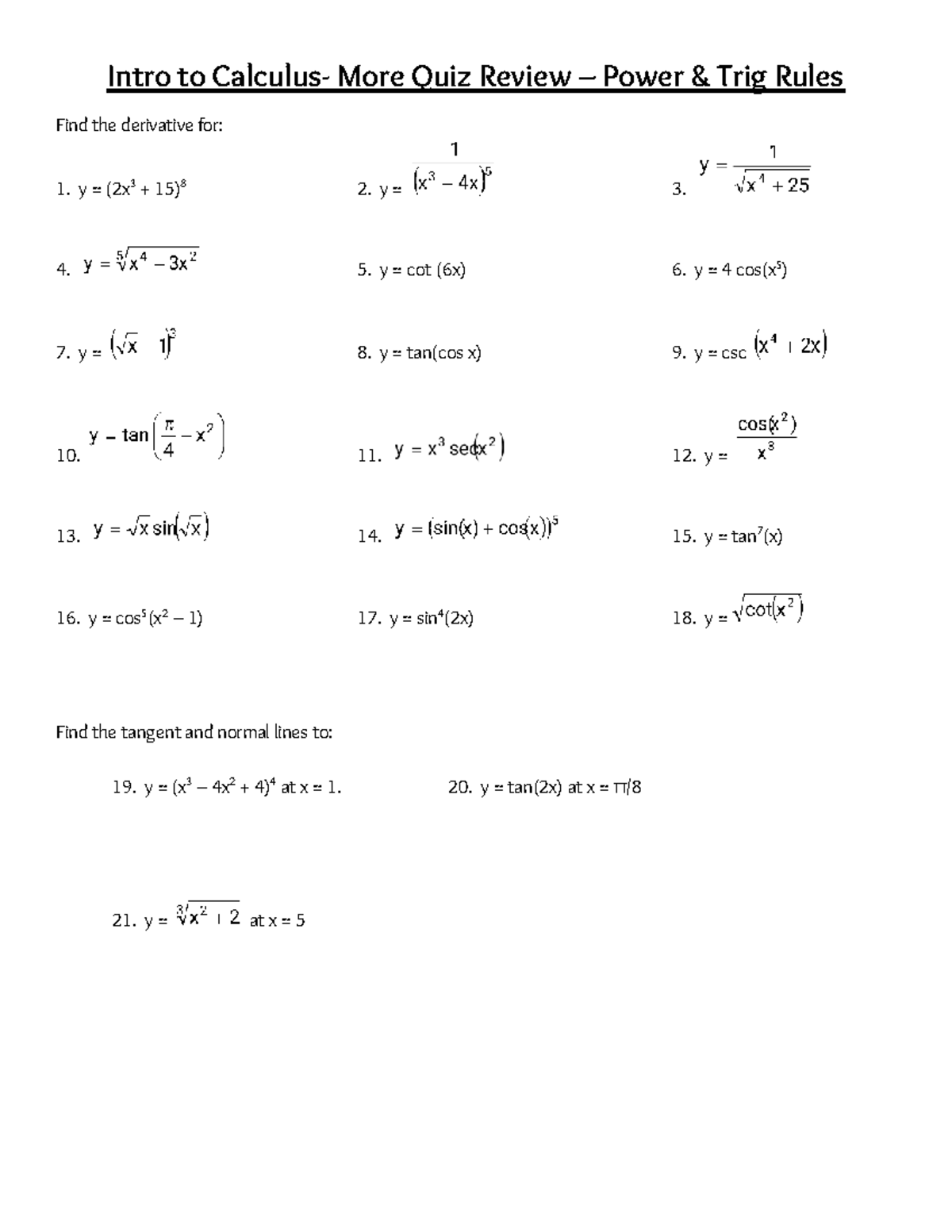 Quiz Review #2 - Intro to Calculus: Power & Trig Rules - Studocu