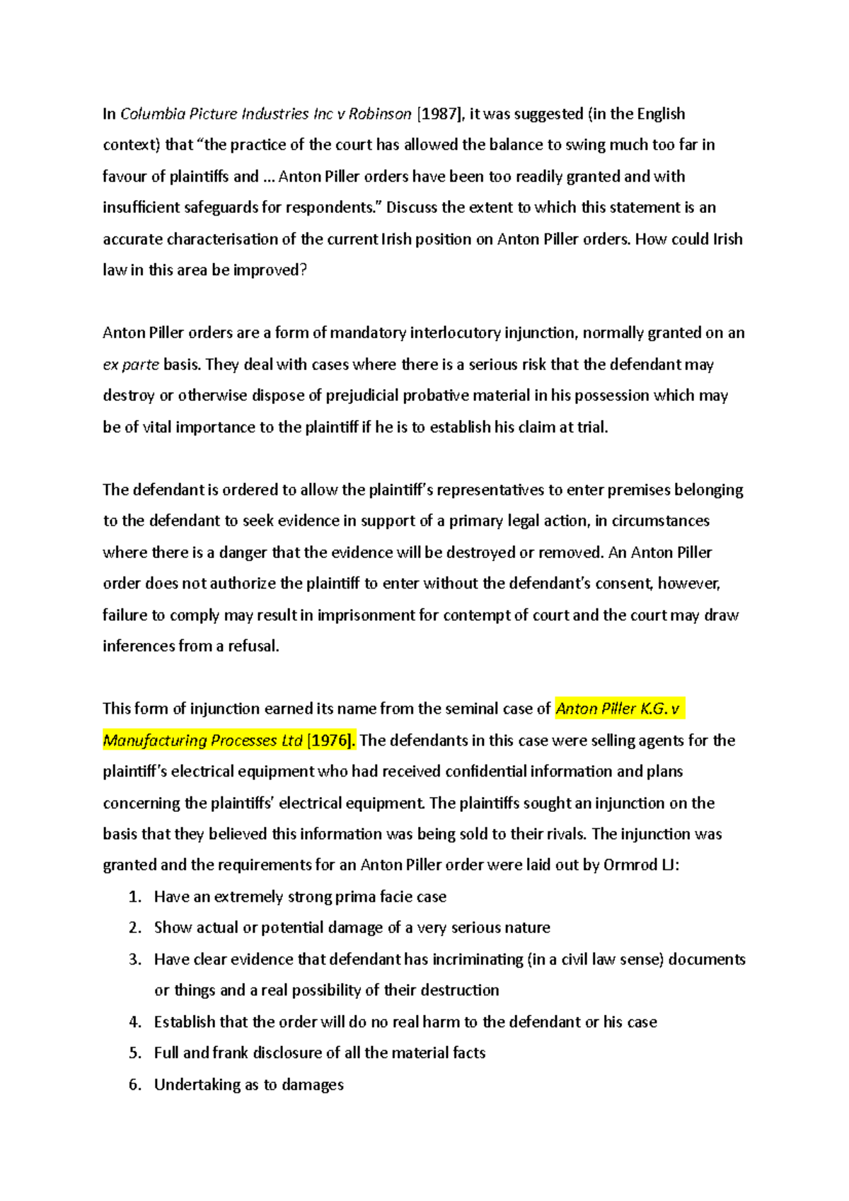 Critical Analysis of Anton Piller Orders in Irish Law CL3101 - Studocu