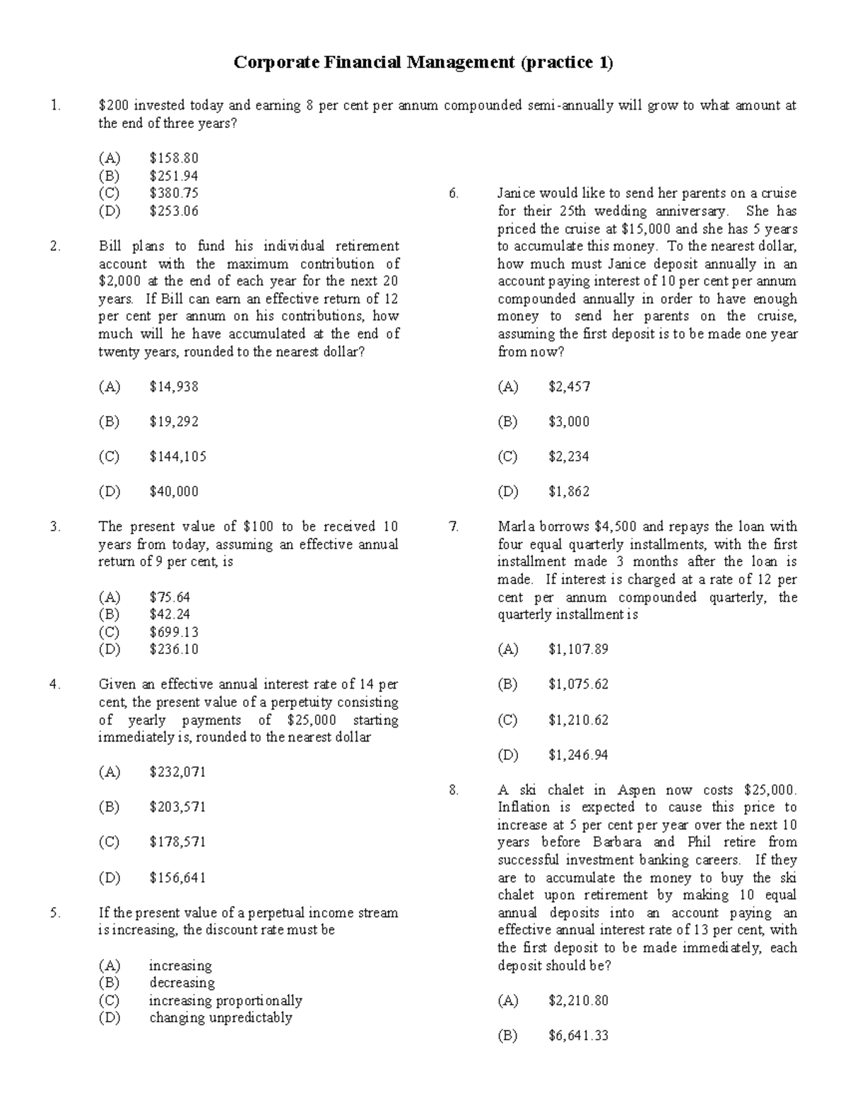Corporate Financial Management (CFM 101) Practice Questions for Quiz 1 ...