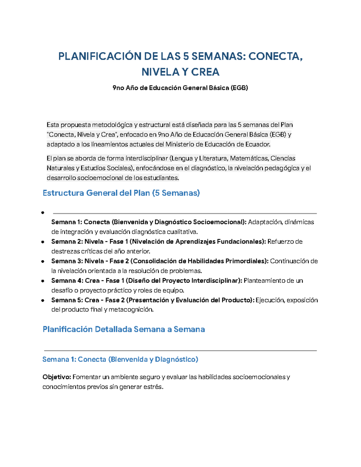 Planificación de 5 Semanas: Conecta, Nivela y Crea - 9no EGB - Studocu