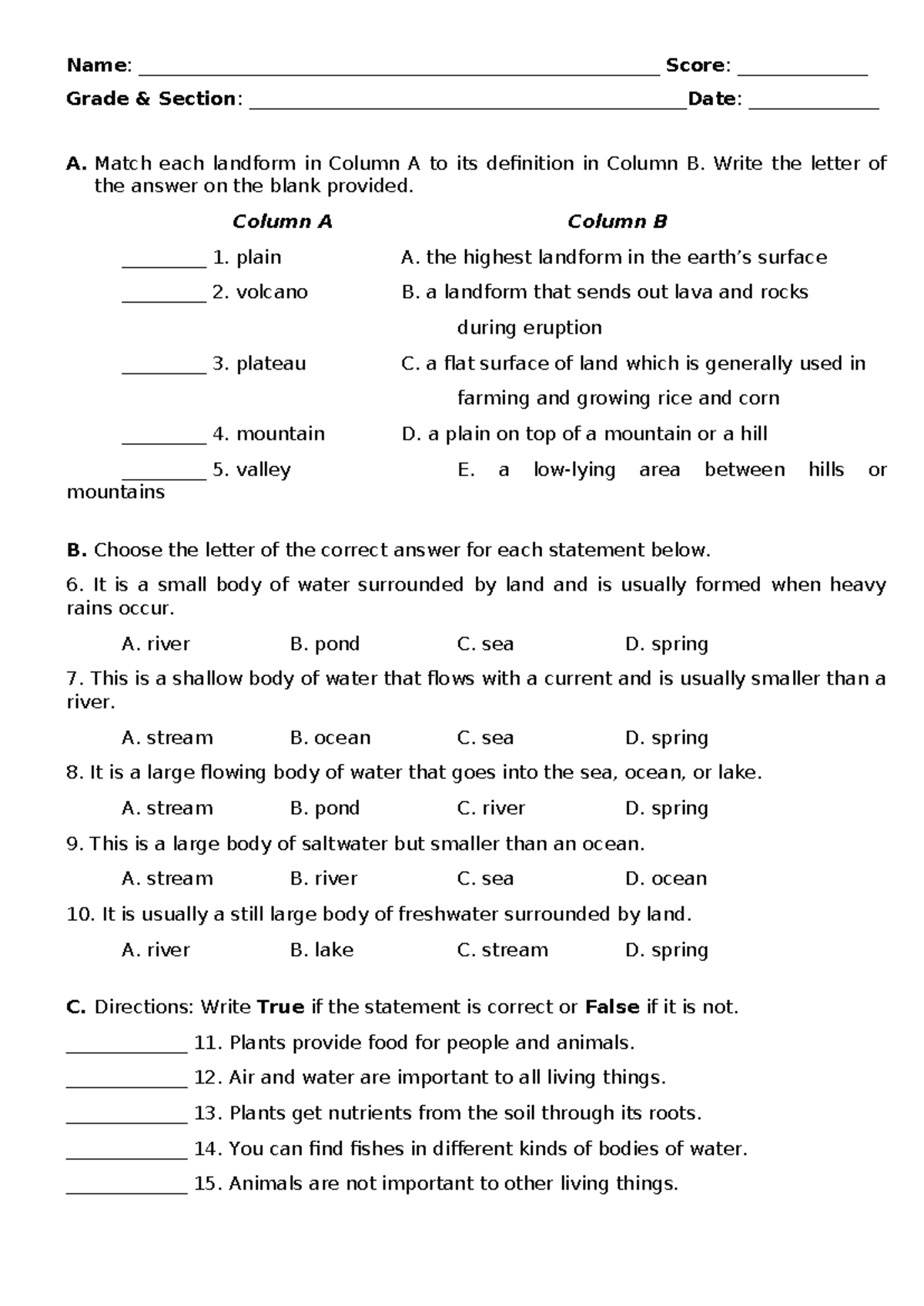 SCI 101: Long Quiz on Landforms and Water Bodies Concepts - Studocu